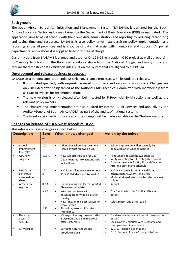 SA-SAMS Update: Release 24.1.0 Changes | PDF | Information Technology ...