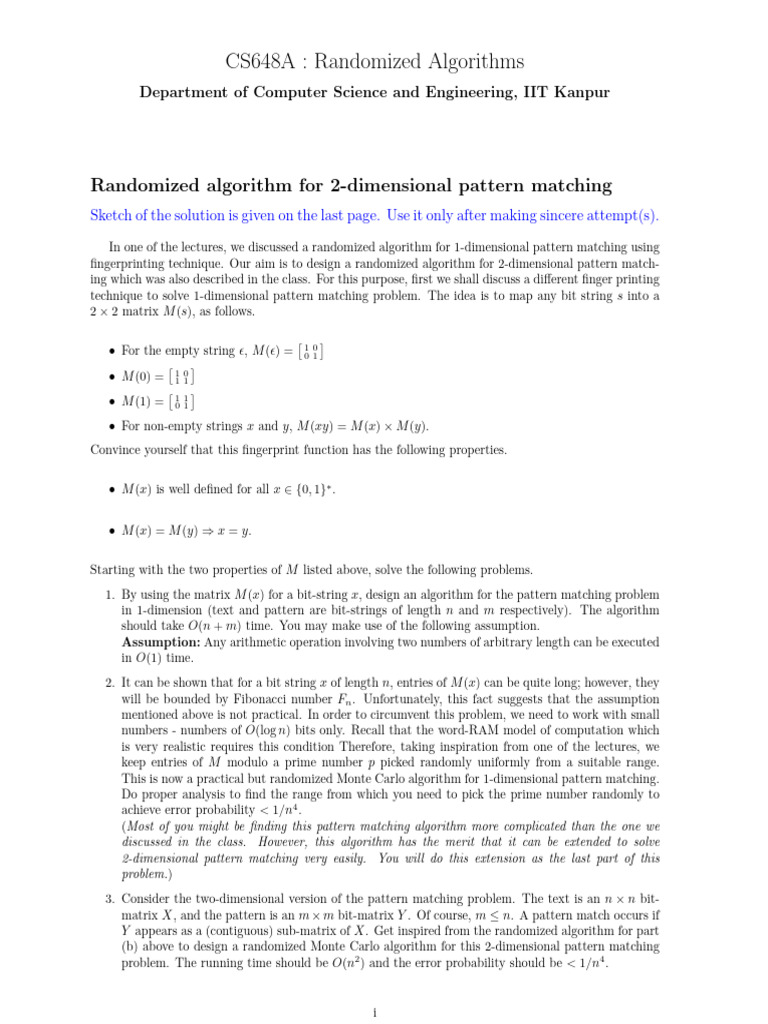 Randomized Algorithms for Pattern Matching | PDF | Prime Number | Matrix (Mathematics)