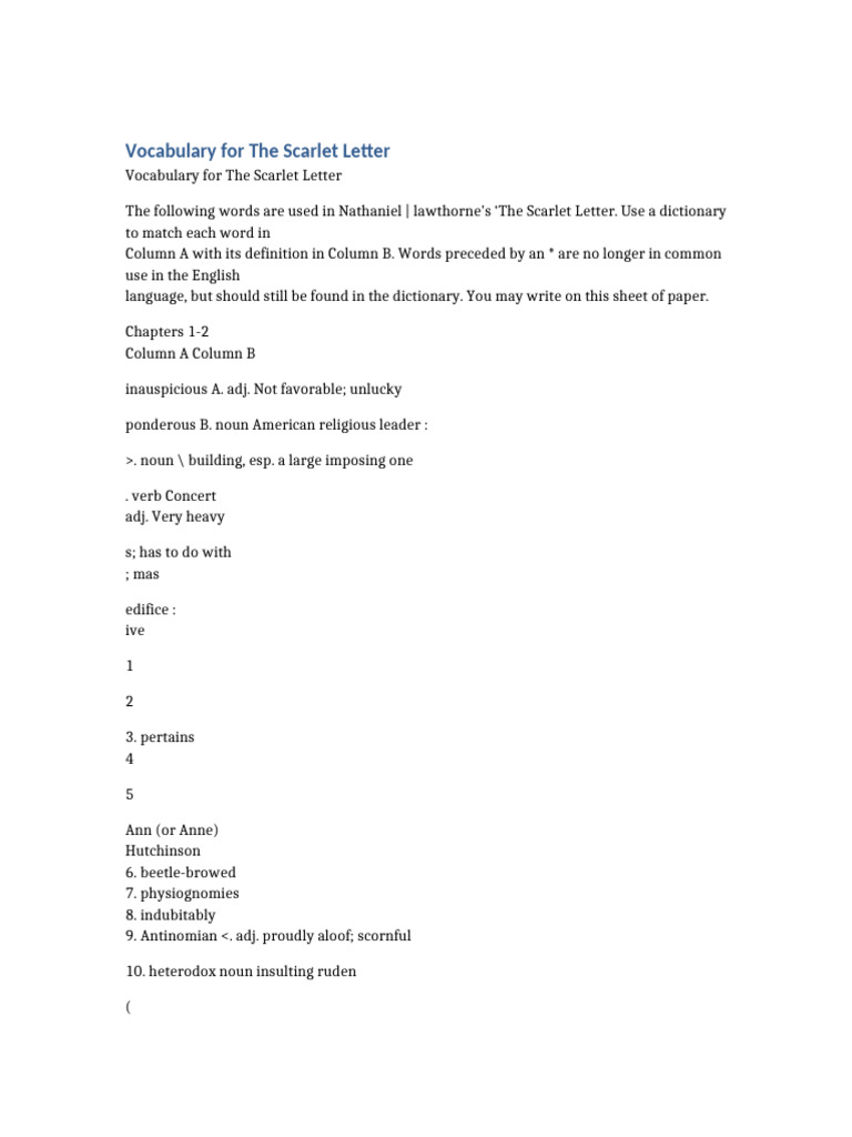 Vocabulary For The Scarlet Letter | PDF