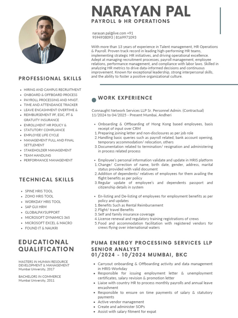 Payroll and HR Operations Resume Narayan Pal (1) | PDF | Payroll | Employment