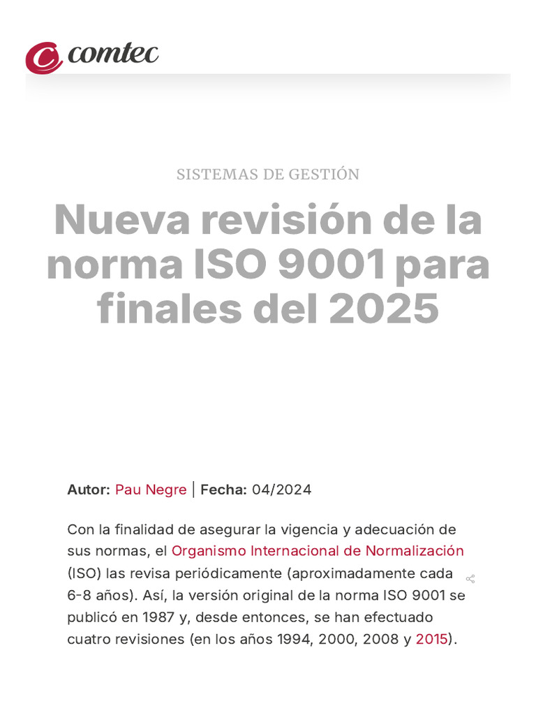 Nueva Revisión de La Norma ISO 9001 para Finales Del 2025 - Comtec | PDF | Organización ...