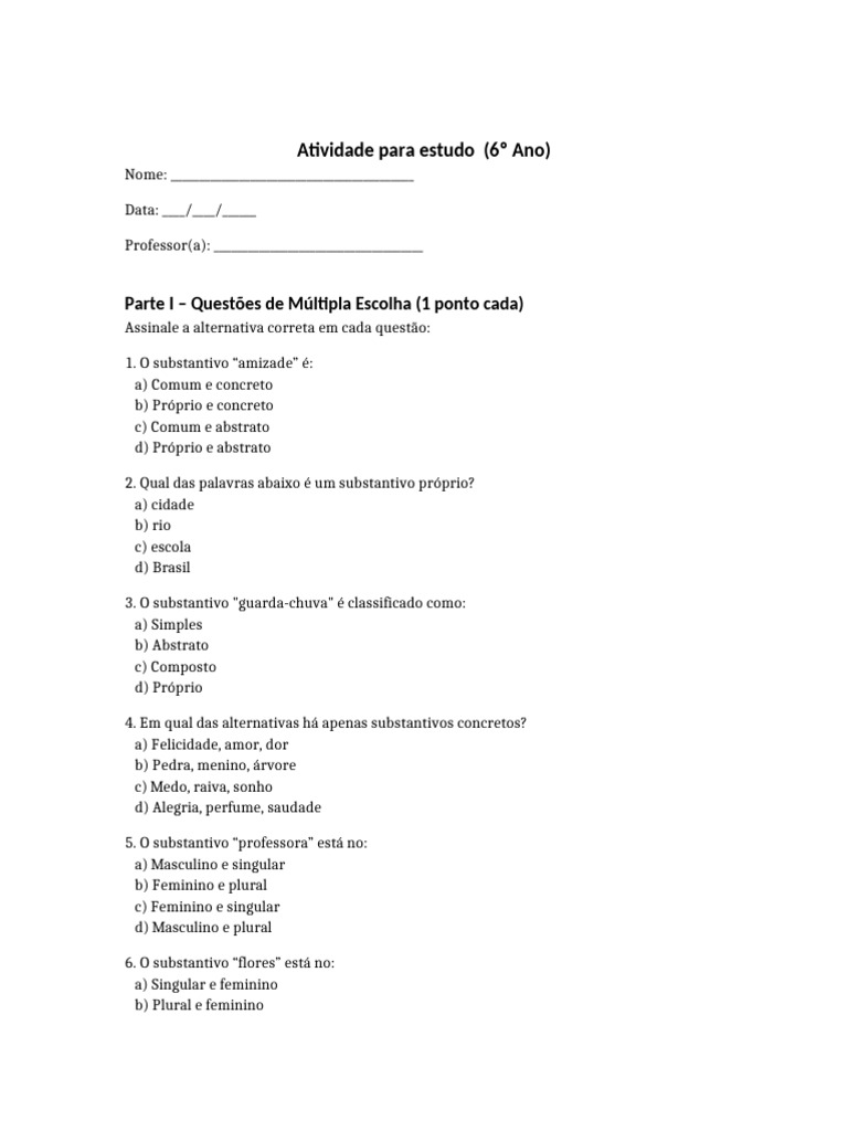 Avaliacao_Substantivos_6ano | PDF | Substantivo | Plural