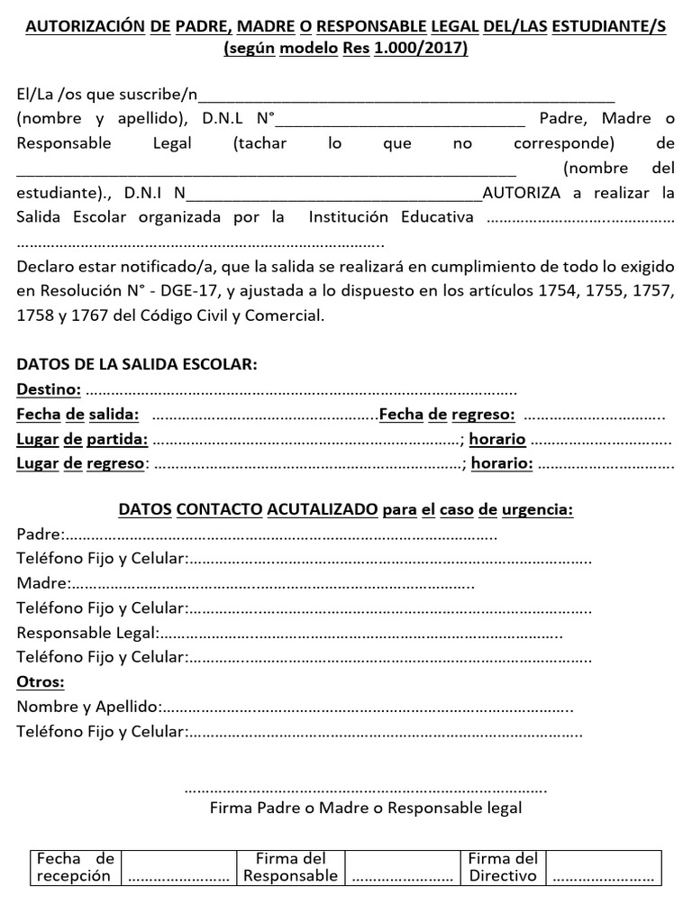 Autorización para Salida Escolar Estudiantil | PDF
