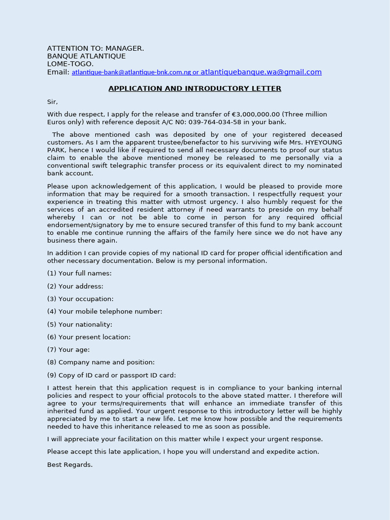Mrs. HYEYOUNG PARK Introductory, Application Letter | PDF | Identity ...