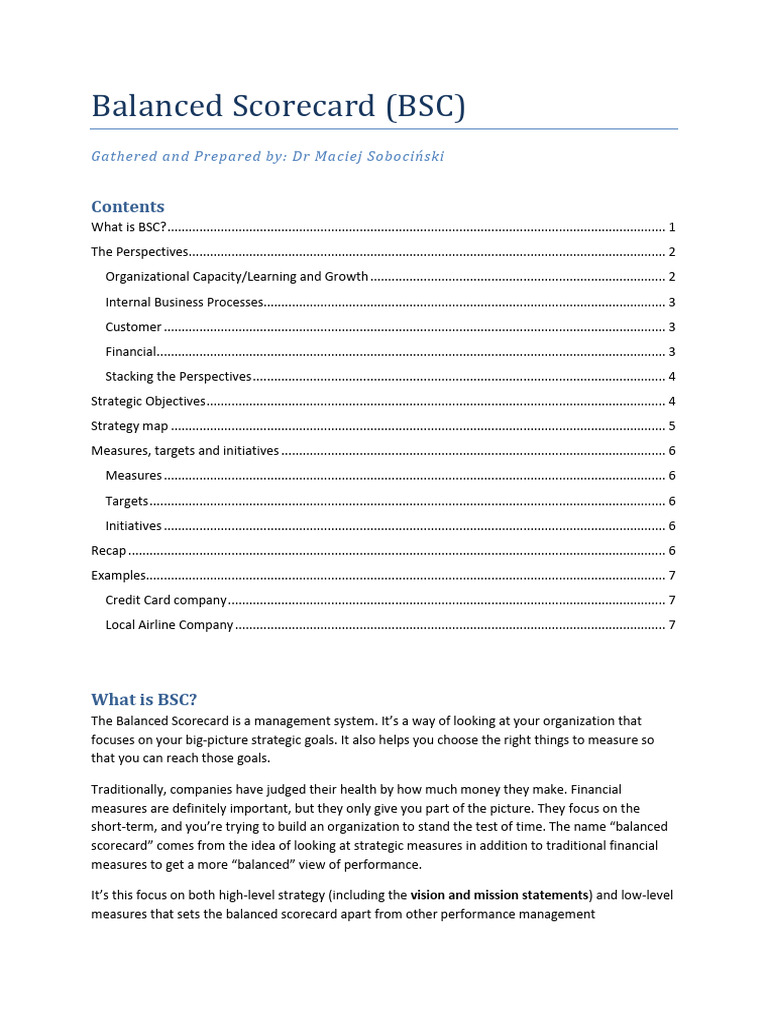 Maciej Sobocinski - Balanced Scorecard - Handout | PDF | Performance ...