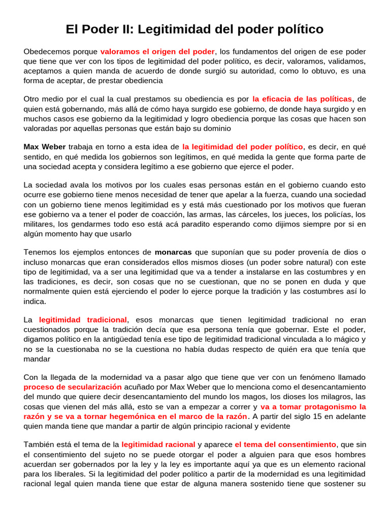 Legitimidad del Poder Político según Weber | PDF | Legitimidad ...
