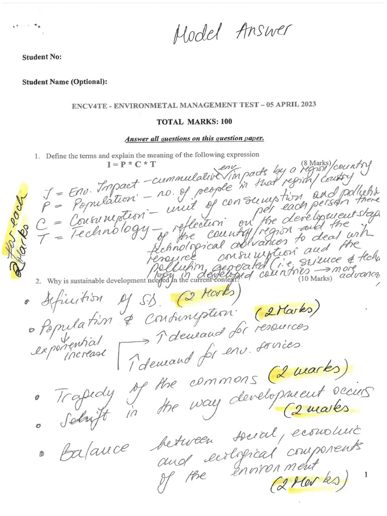 Env Man Test 2023 Model Answers | PDF