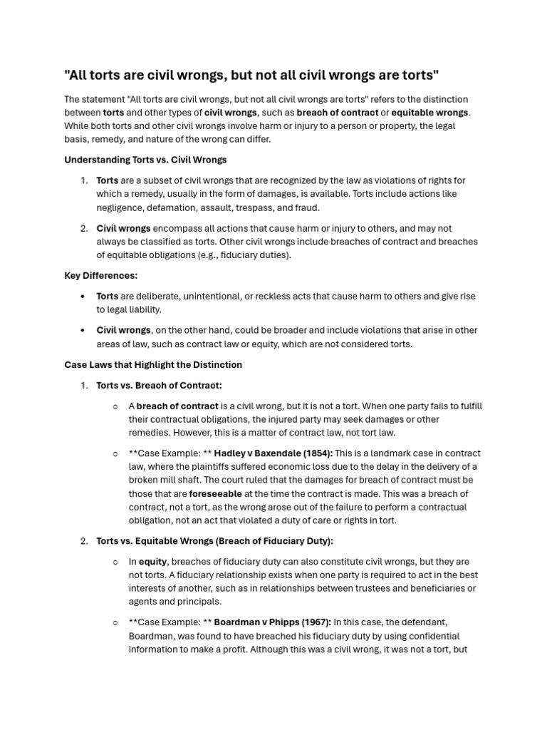 All Torts Are Civil Wrongs, But Not All Civil Wrongs Are Torts | PDF ...