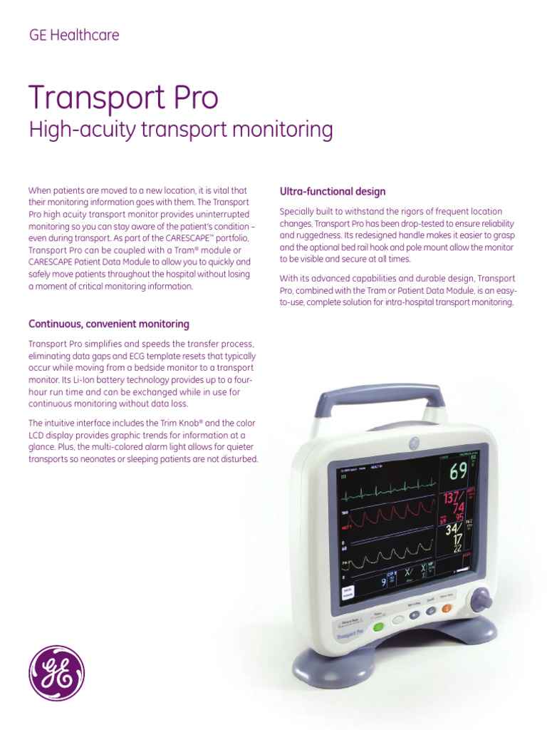 GEHealthcare Transport Pro Monitor Spec Sheet | PDF | Computer Monitor ...