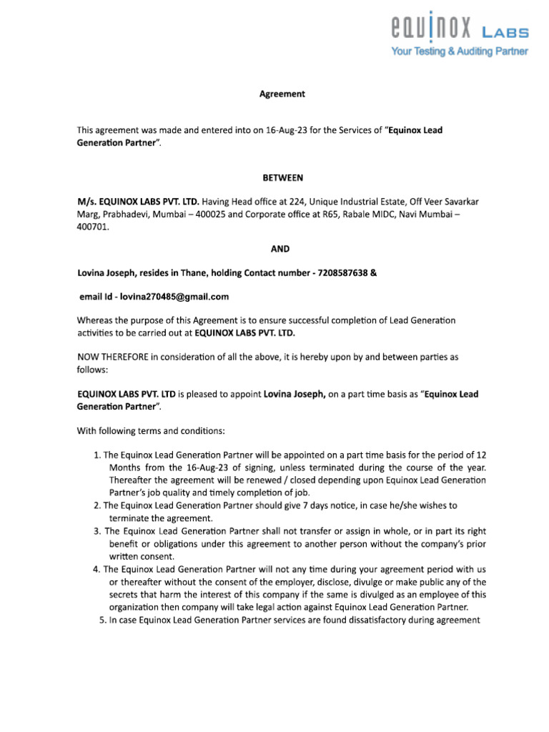 Lovina Joseph - Athena Agreement | PDF