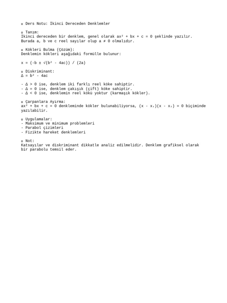 Matematik Ikinci Dereceden Denklemler | PDF