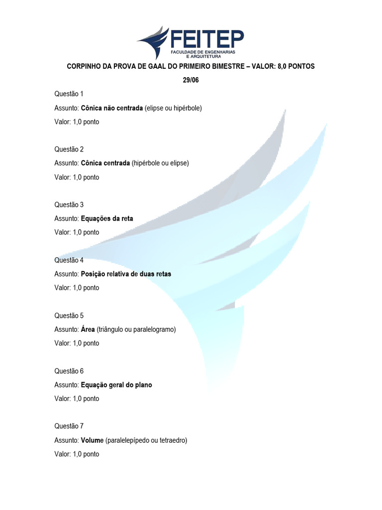 Estrutura Da Prova Do Segundo Bimestre de Gaal | PDF