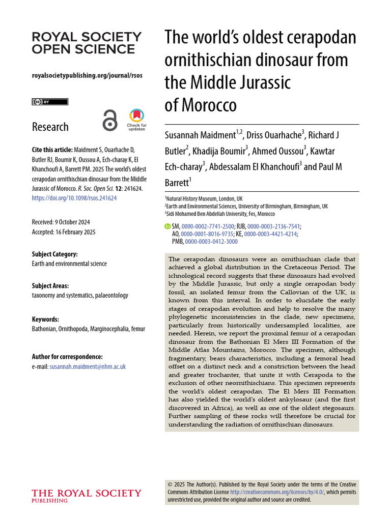 Maidment Et Al 2025 The World S Oldest Cerapodan Ornithischian Dinosaur ...