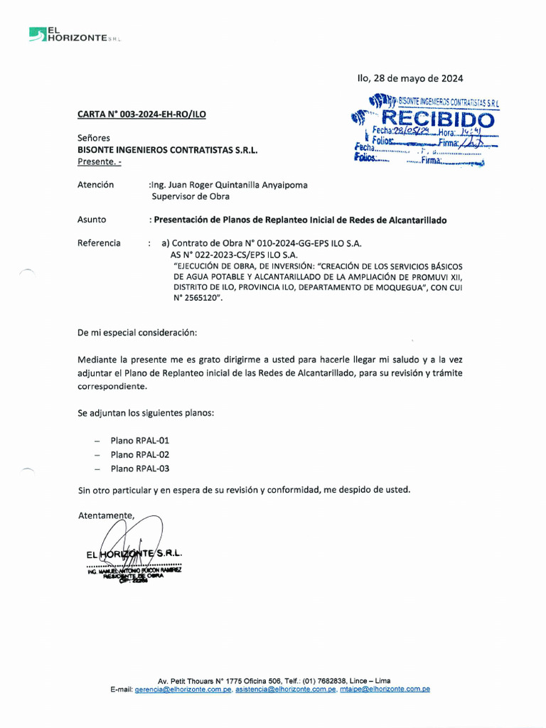 Carta #003-2024-EH-RO-ILO - Presentación Planos Replanteo Alc. | PDF