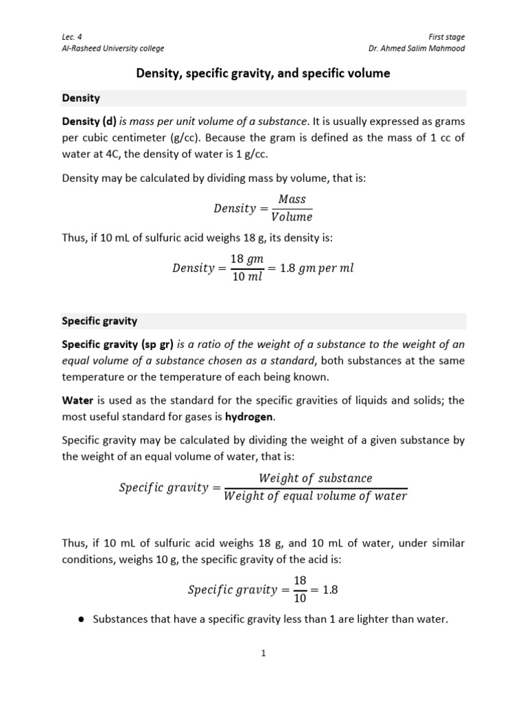 Density and Specific Gravity Explained | PDF | Density | Volume