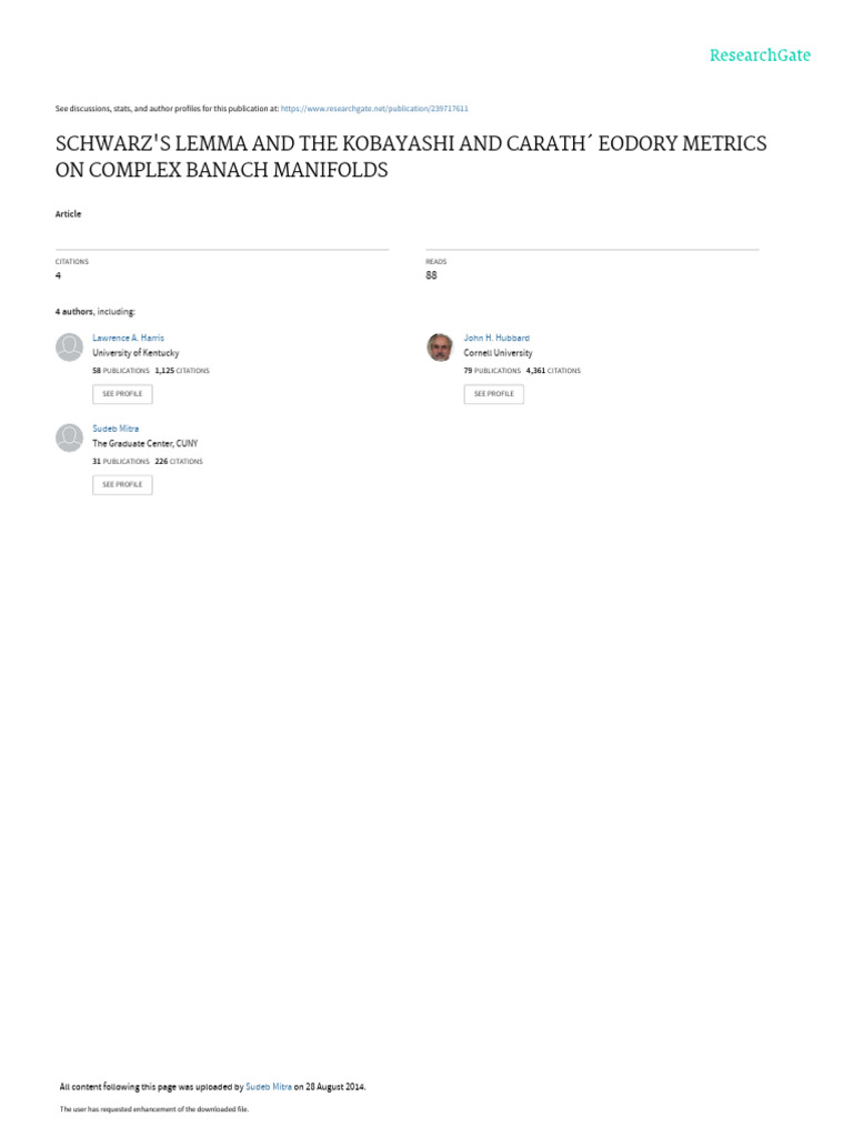 Schwarzs Lemma and The Kobayashi and Carath Eodor | PDF | Hyperbolic ...