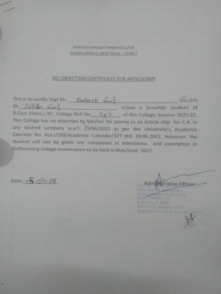 No Objection Certificate for Articleship | PDF