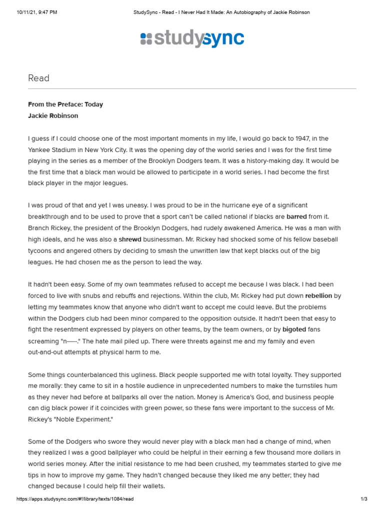 Clayton White - StudySync - Read - I Never Had It Made_ an ...