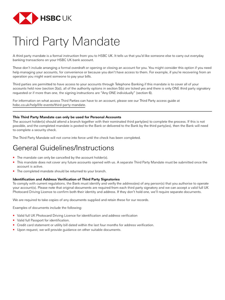 HSBC Third Party Mandate Instructions | PDF | Identity Document | Banks