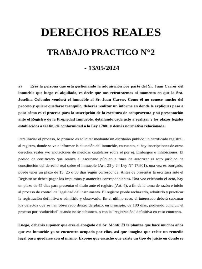 TP 2 - Derechos Reales | PDF | Posesión adversa | Posesión (Ley)