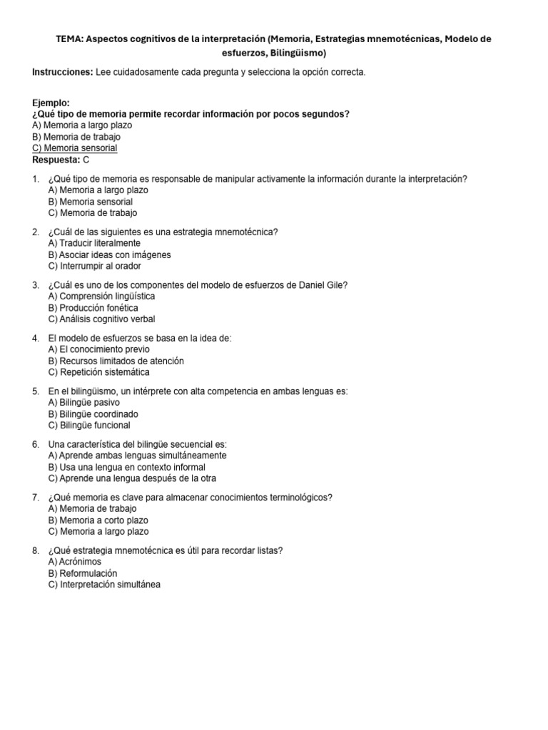 Ejercicios de Interpretación y Estrategias | PDF | Memoria | Multilingüismo