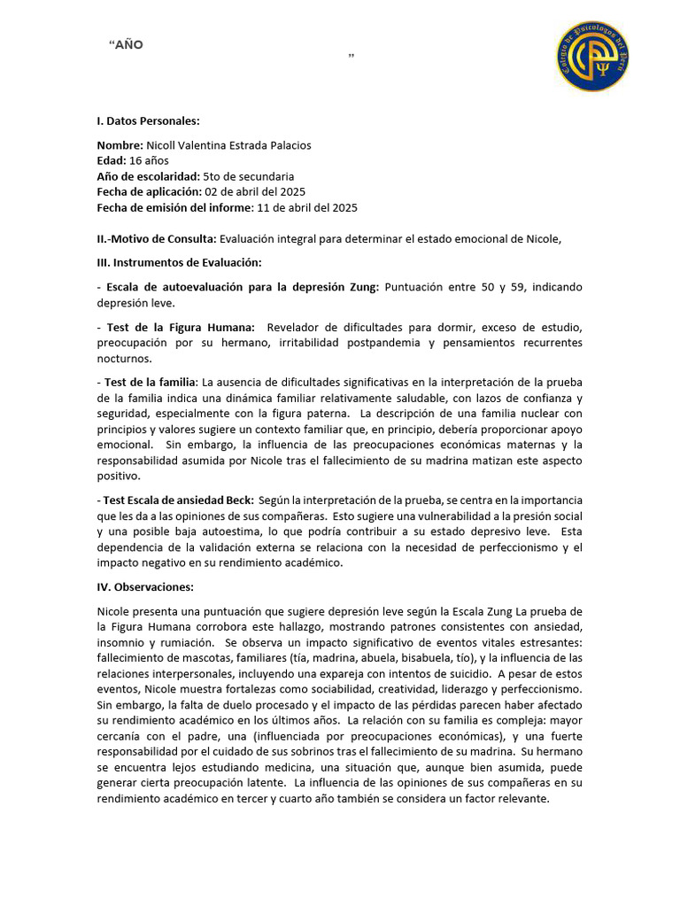 Informe Psicológico - Nicol | PDF | Depresión (estado de ánimo ...