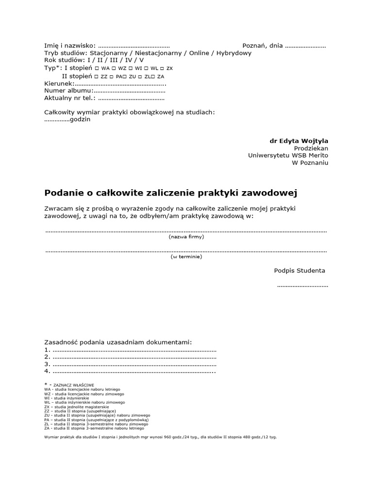 Podanie o całkowite zaliczenie praktyki zawodowej - praktyka UWSB (1) | PDF
