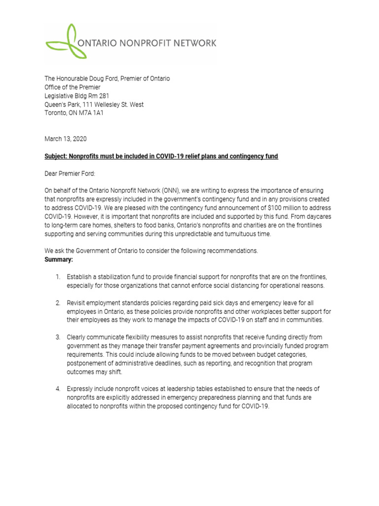Letter To The Premier of Ontario - COVID19 and Nonprofits | PDF ...