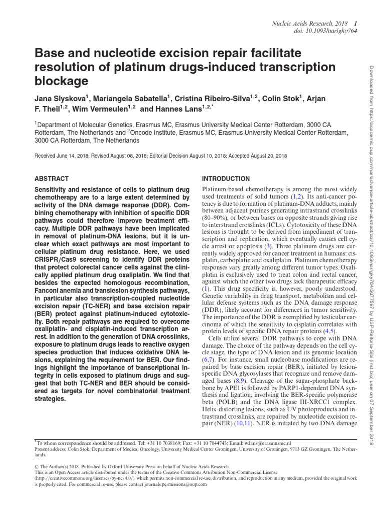 Base and Nucleotide Excision Repair Facilitate Resolution of Platinum ...