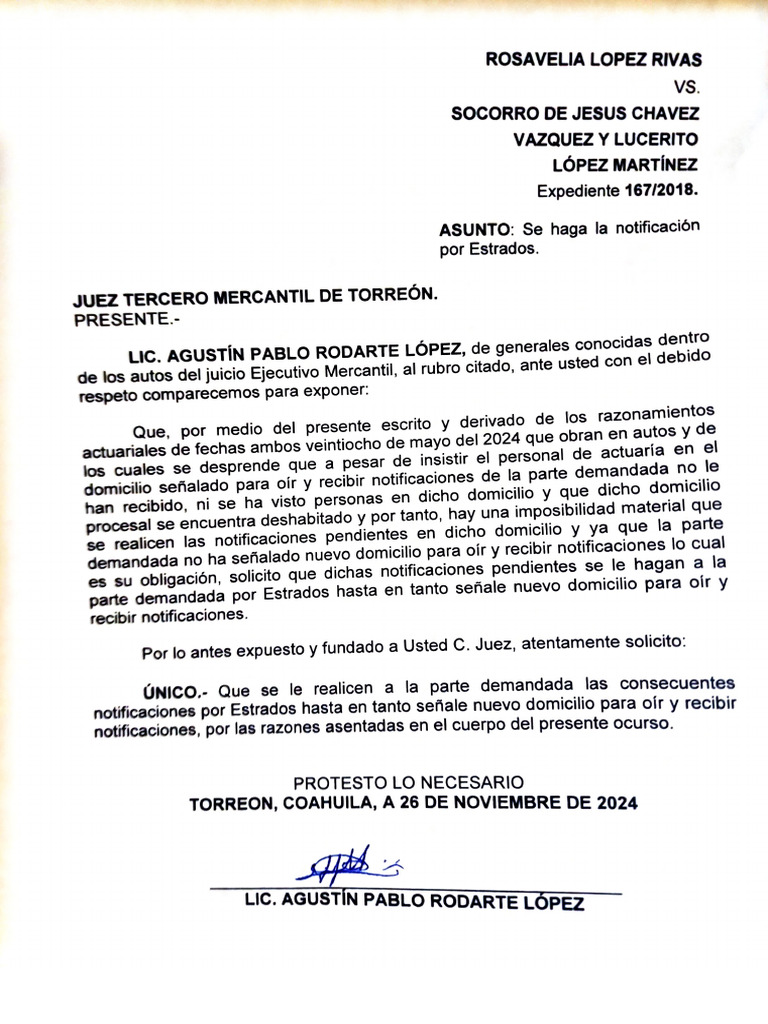 se haga notif por estrados asunto rosavelia lopez rivas 167-18 | PDF