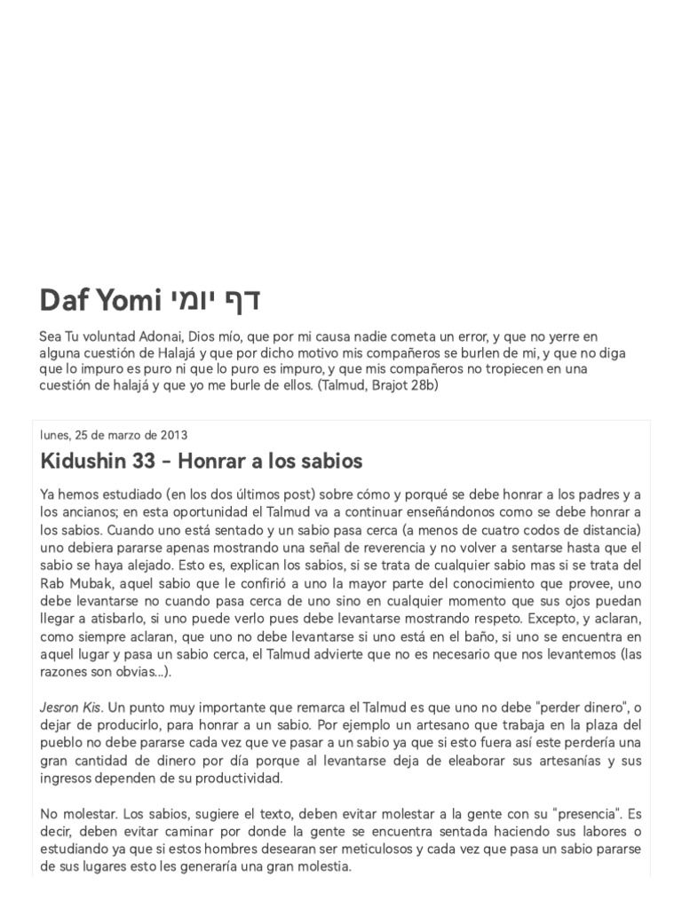 Daf Yomi דף יומי_ Kidushin 33 - Honrar a Los Sabios | PDF | Sabiduría | Tora