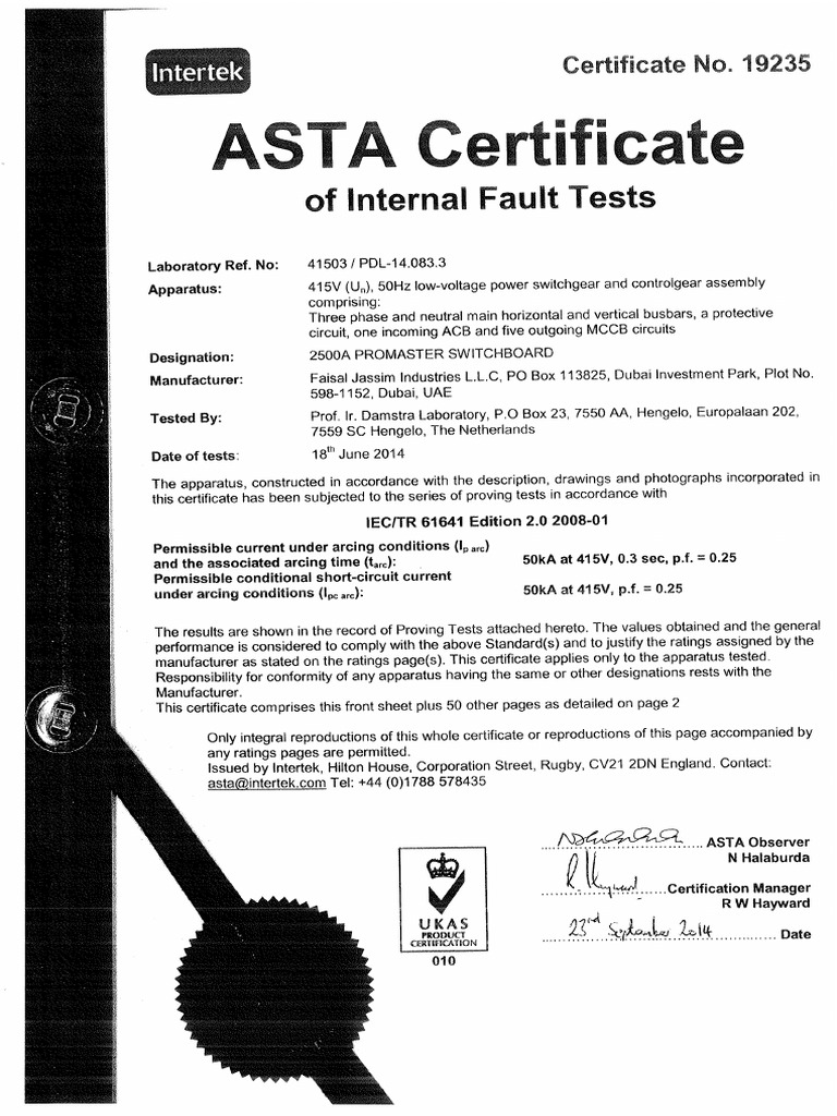 Internal Arc Test Certificate | PDF