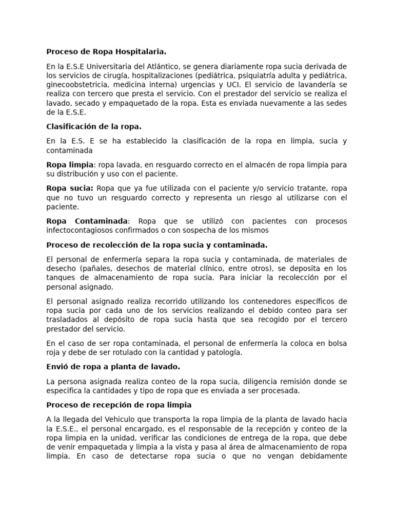 Borrador Procedimiento Ropa Hospitalaria | PDF | Especialidades Medicas ...