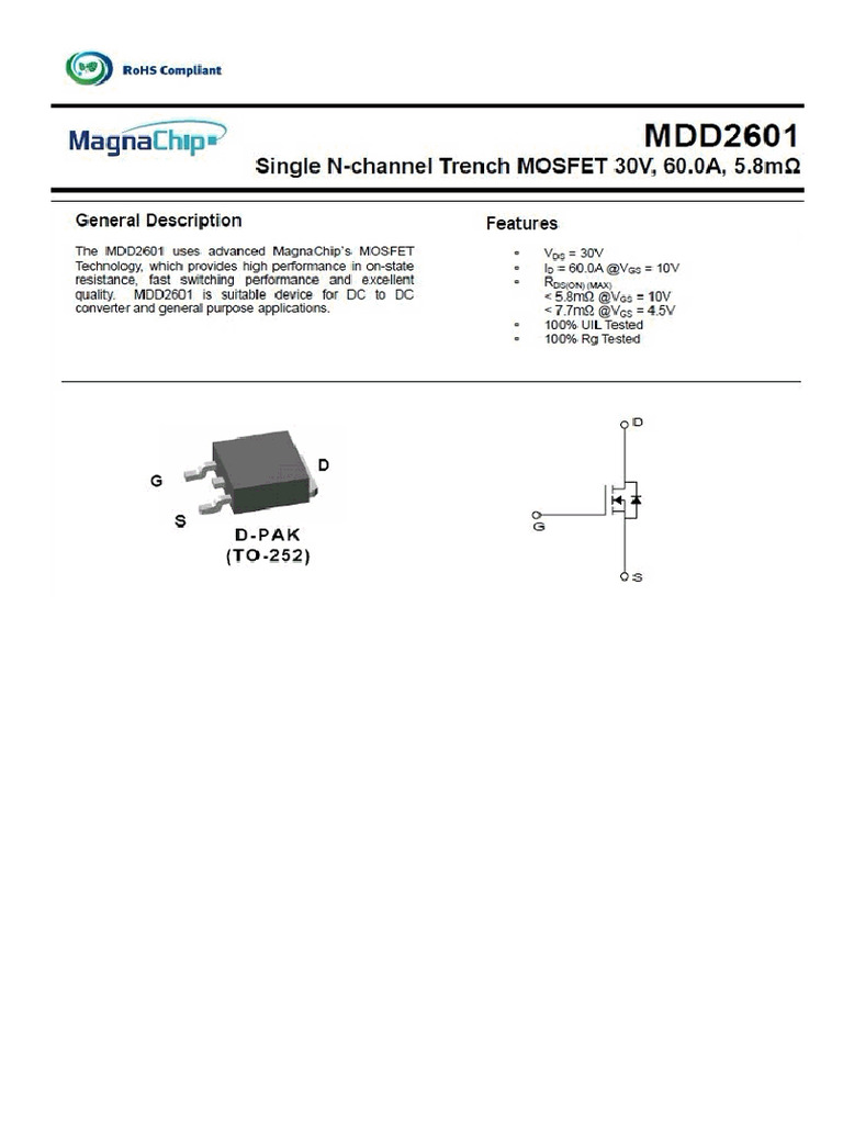 Mosfet MDD2601 (N-Channel 30V 60A 5.8mΩ) | PDF