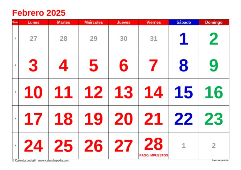 Calendario Febrero 2025 Espana Horizontal Grandes Cifras | PDF
