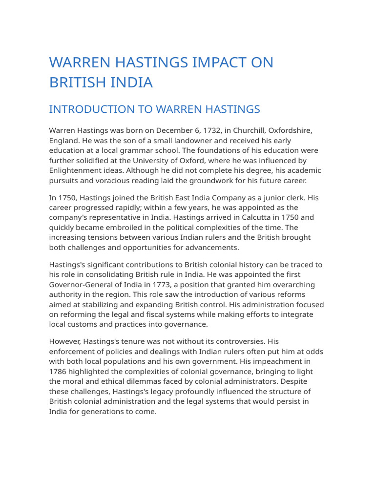 Warren Hastings' Role in British India | PDF | Governance | British Empire