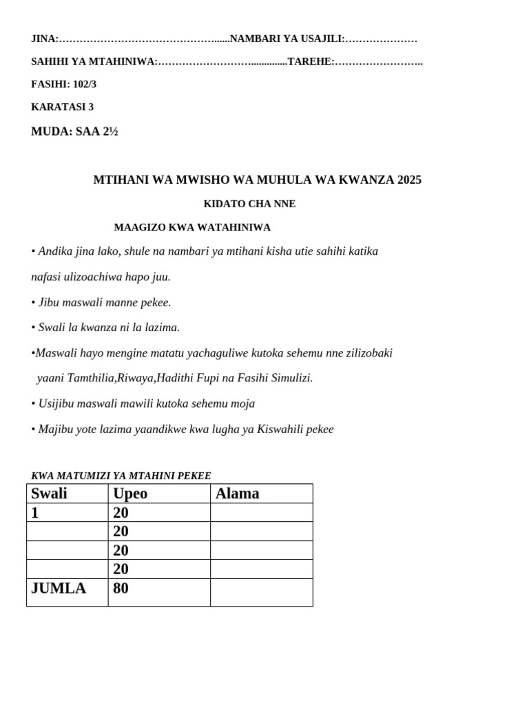 Kiswahili F4 PP3 QS | PDF