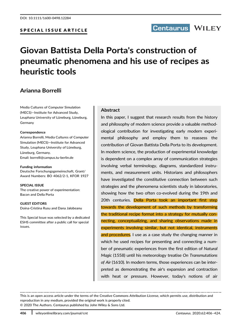 Giovan Battista Della Porta's Contruction of Pneumatic Phenomena and ...