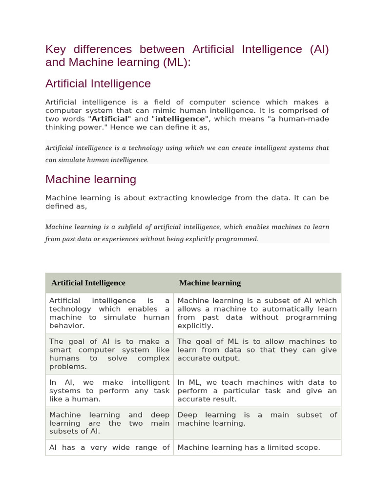 Key Differences Between Artificial Intelligence and ML | PDF | Artificial Intelligence ...
