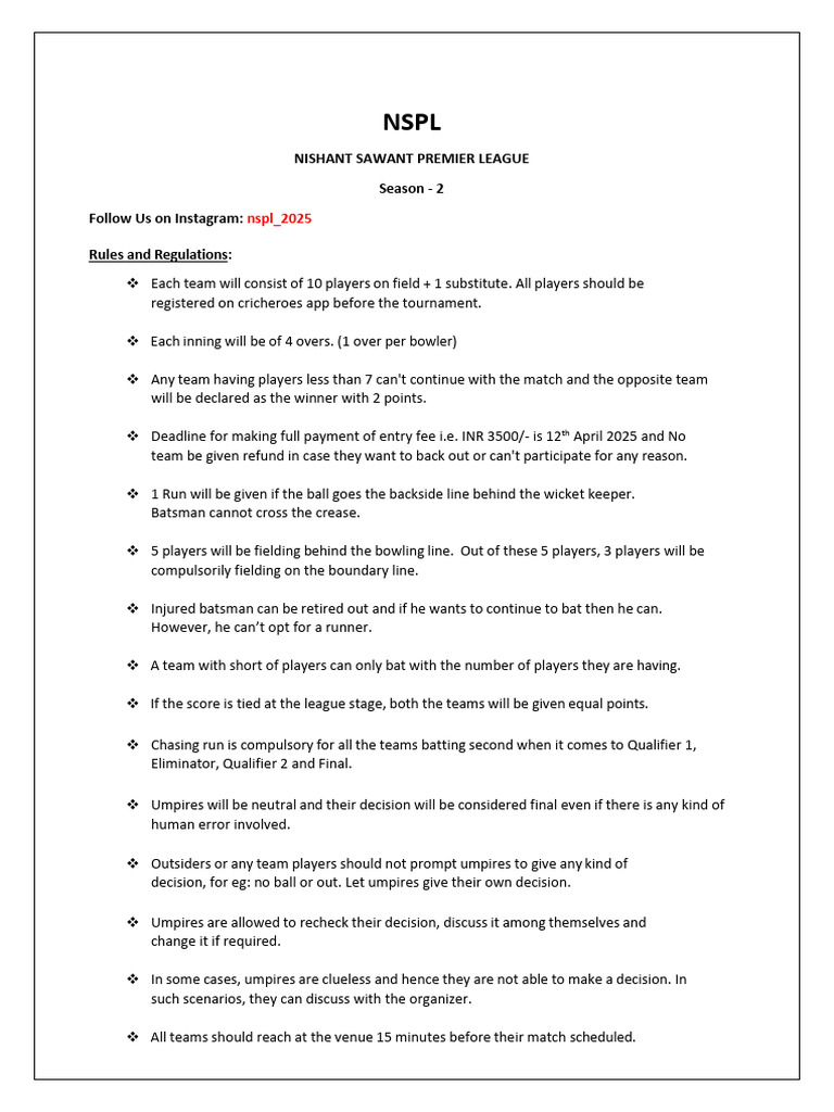 NSPL Season - 2 Rules and Regulations | PDF | Bowling (Cricket) | Cricket