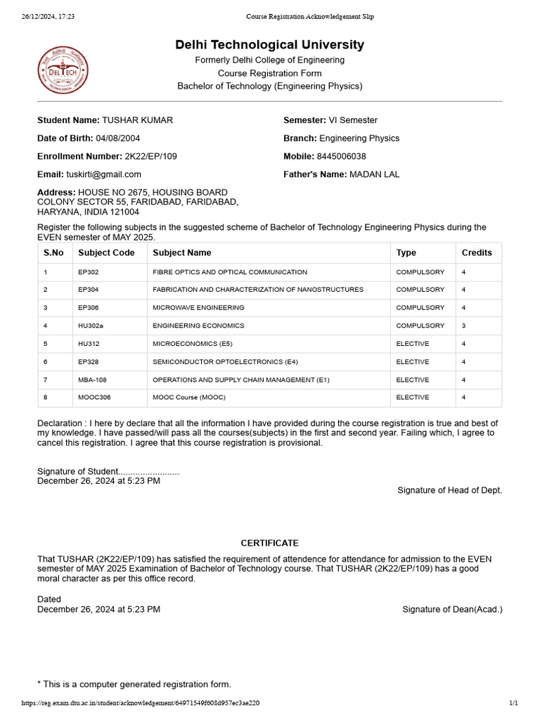 Course Registration Acknowledgement Slip | PDF