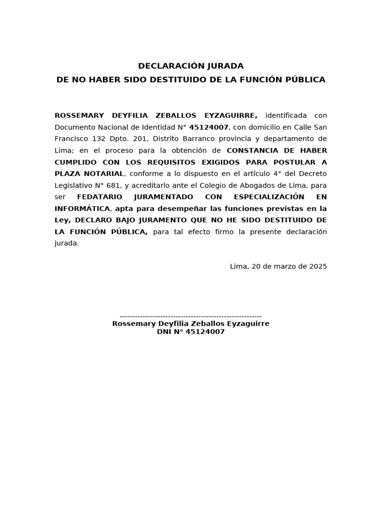 DJ No Haber Sido Destituido de La Función Pública | PDF