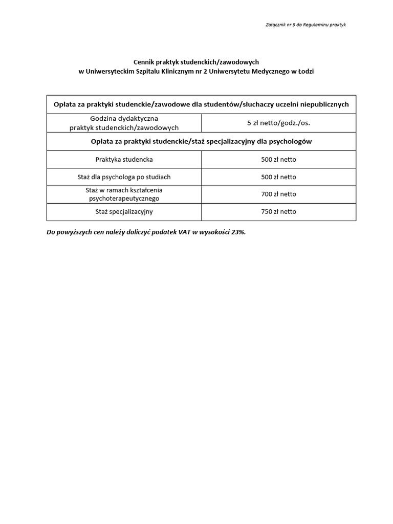 Zalacznik NR 5 - Cennik Praktyk 1 | PDF