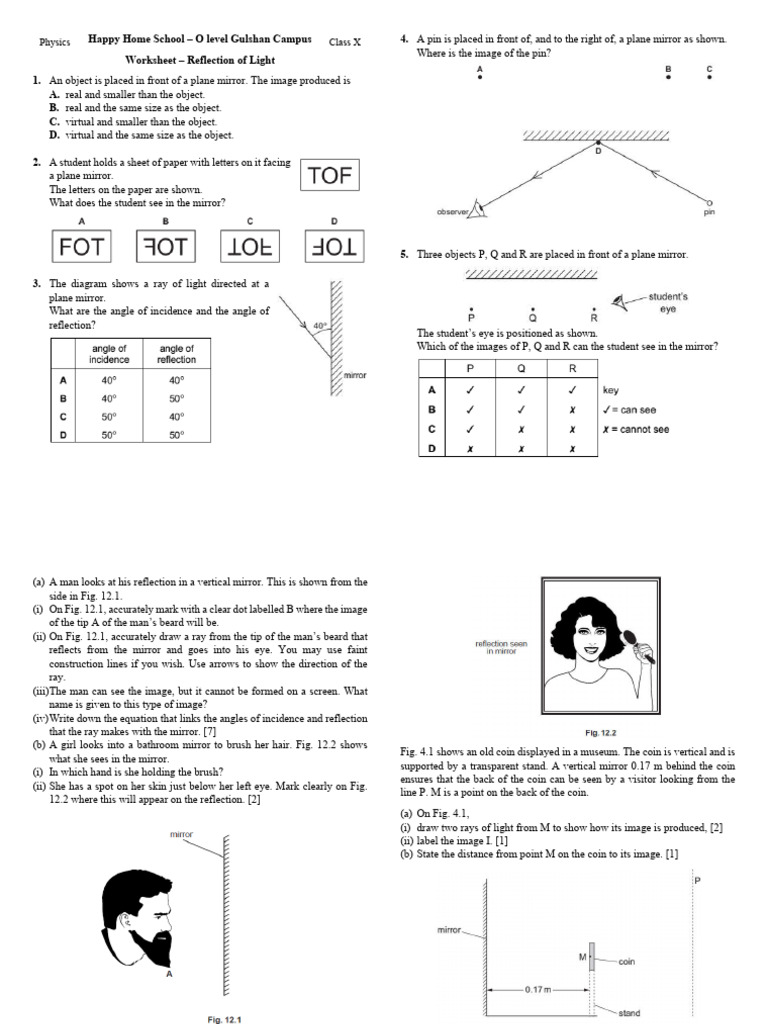 Reflection of Light Worksheet | PDF | Mirror | Reflection (Physics)