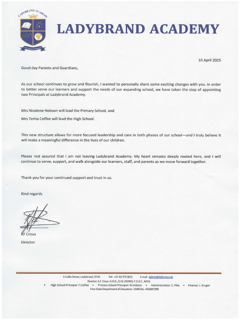 Letter From MR Crous To The Parents - Restructuring of The School (10.04.2025) | PDF