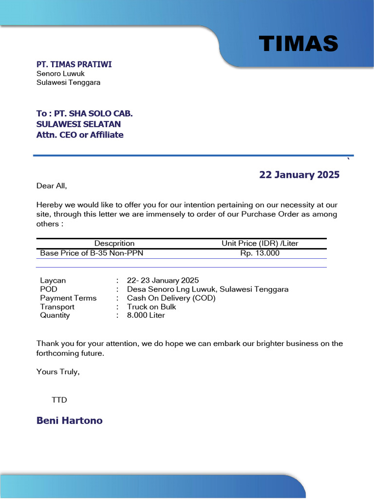 Offering Letter From Timas To PT Sha Solo Cab Sulsel 2 | PDF