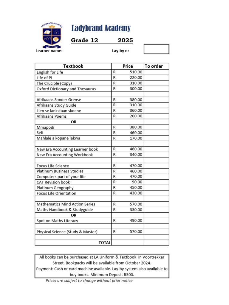 2025 - Grade 12 Textbook Requirements | PDF