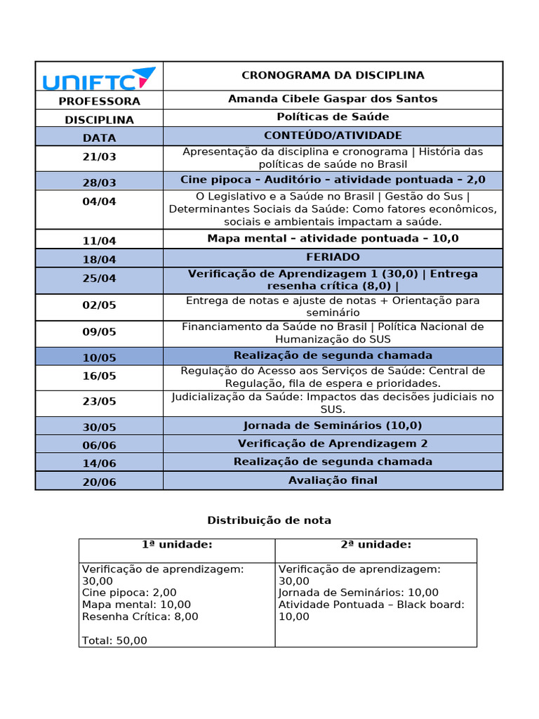 Cronograma Da Disciplina | PDF