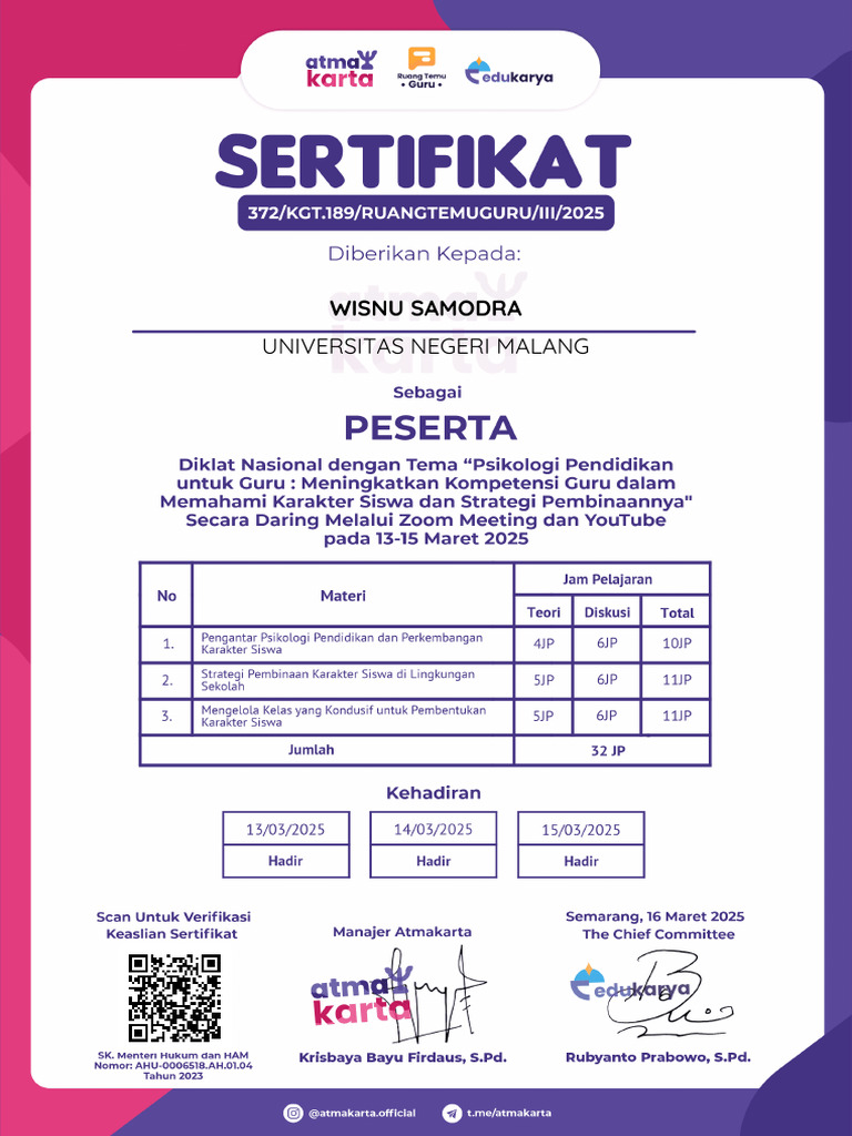 Wisnu Samodra - 210811612420 - Sertifikat Diklat Nasional Atma Karta | PDF