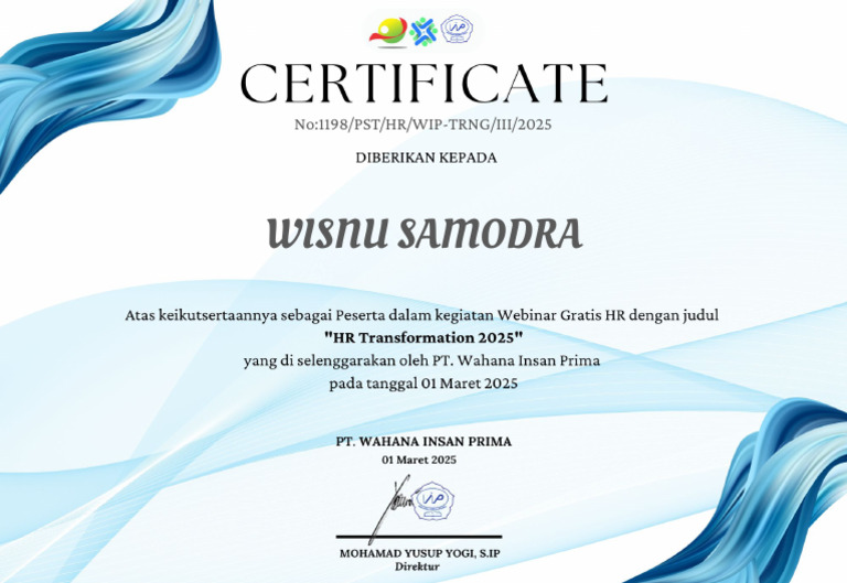 Wisnu Samodra - 210811612420 - Sertifikat - Webinar HR Transformation 2025 | PDF